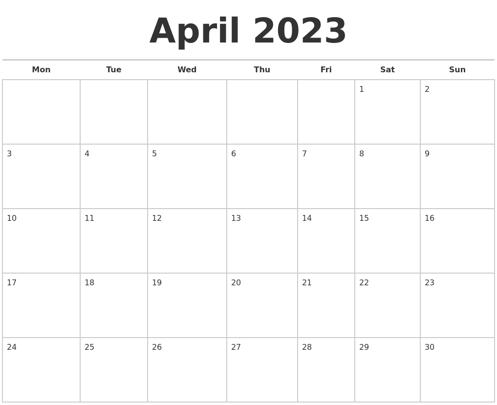 April 2023 Blank Calendar Template Printable Word Searches