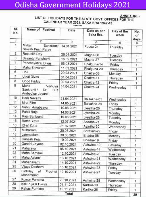 Govt Calendar 2022 Odisha Pdf Latest News Update