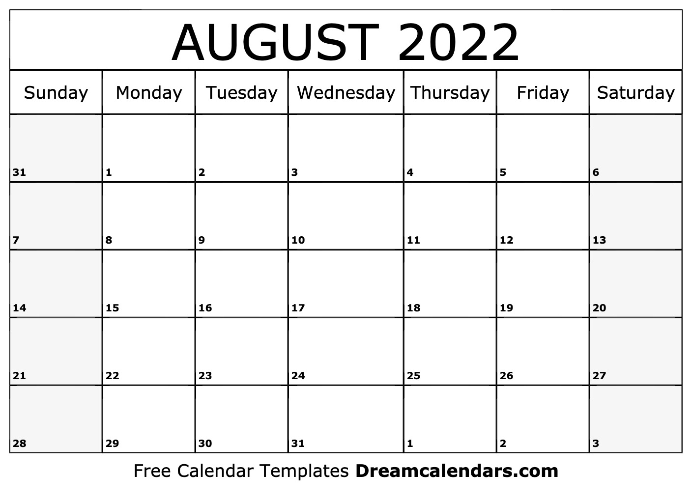 Blank Calendar Template 2022 August