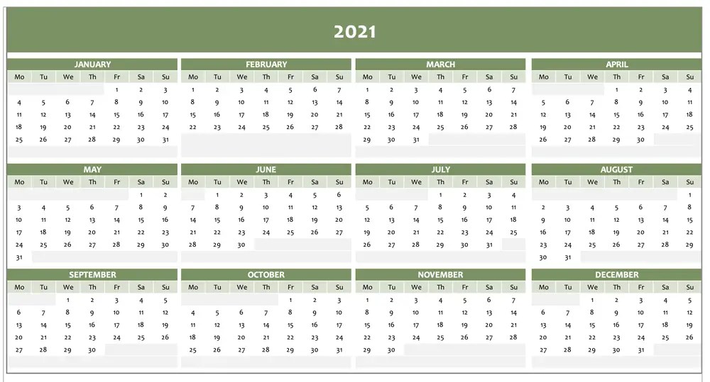 Excel 12 Month Calendar 2021 Årskalender Kalender 2021 Gratis