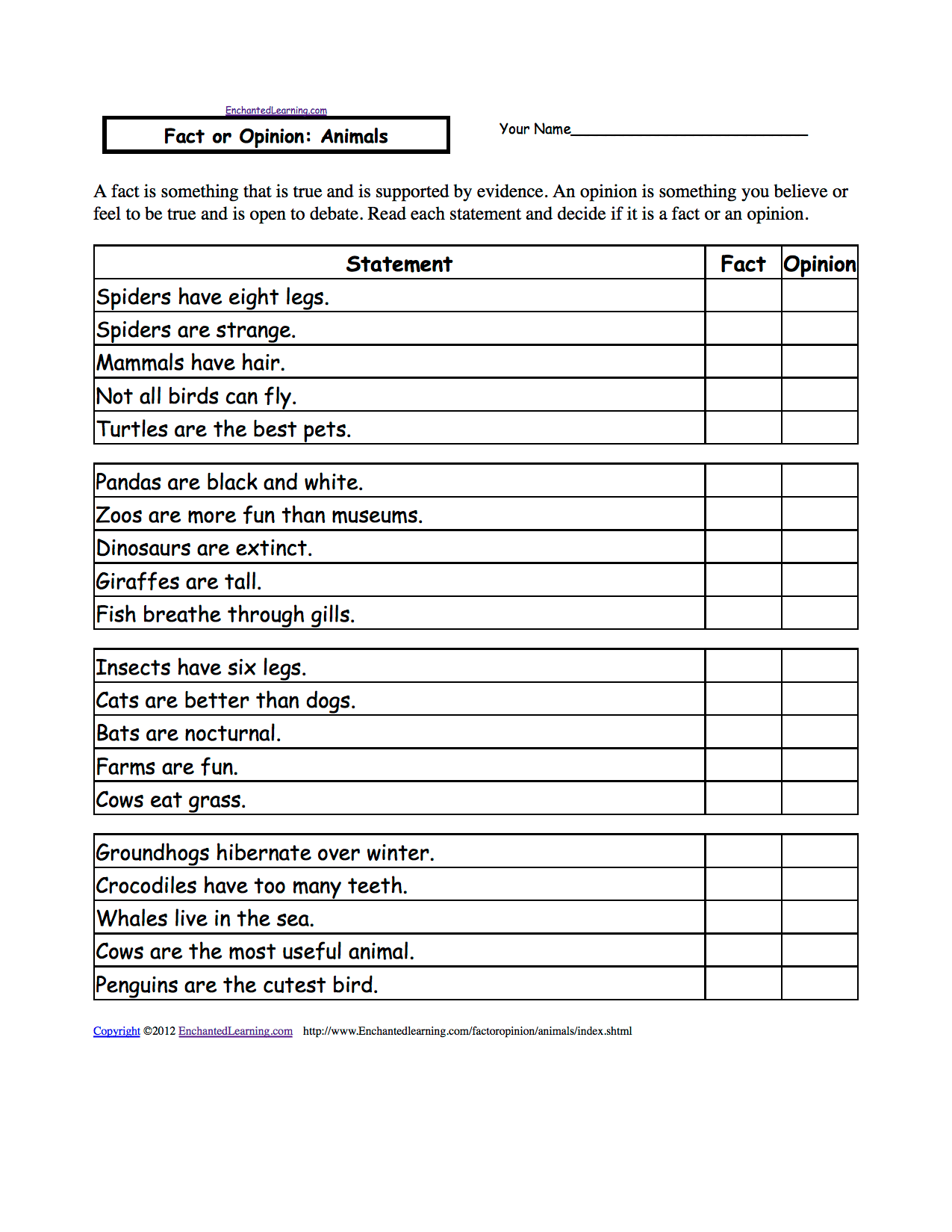 3rd Grade Fact And Opinion Worksheet