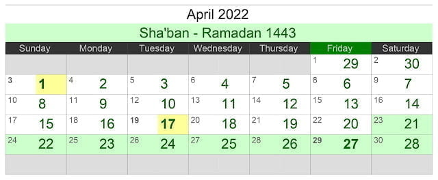 Kalender Hijriah Bulan April 2022 Dan Jadwal Puasanya