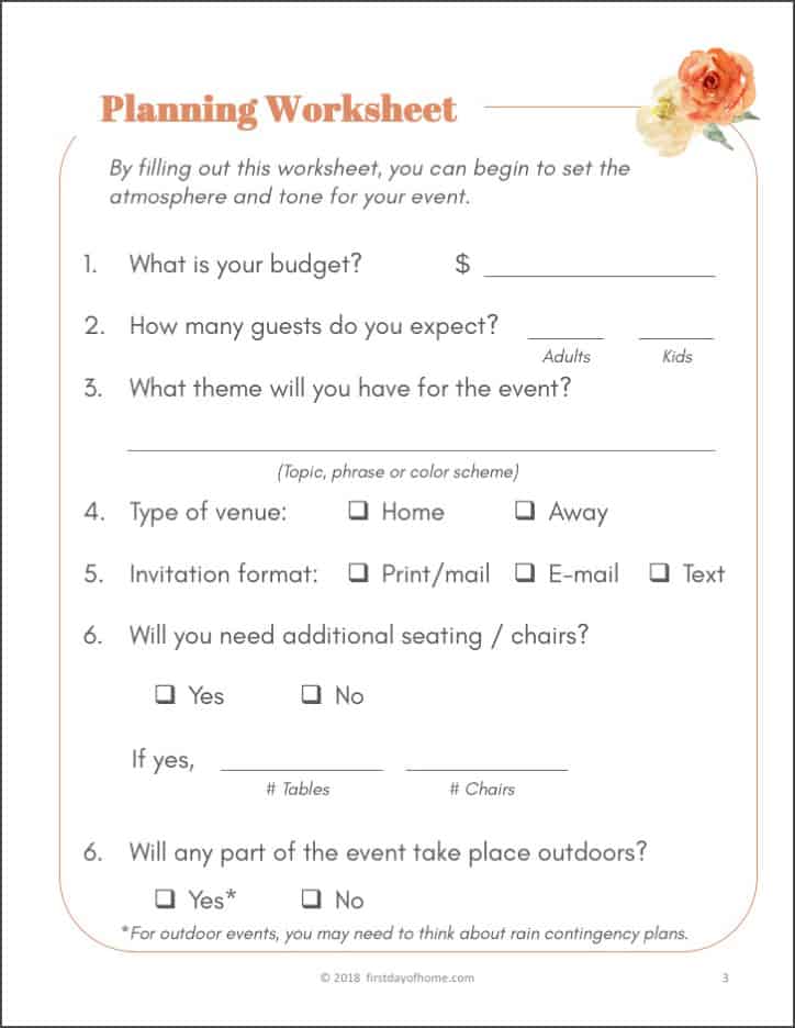 Printable Party Planning Worksheet