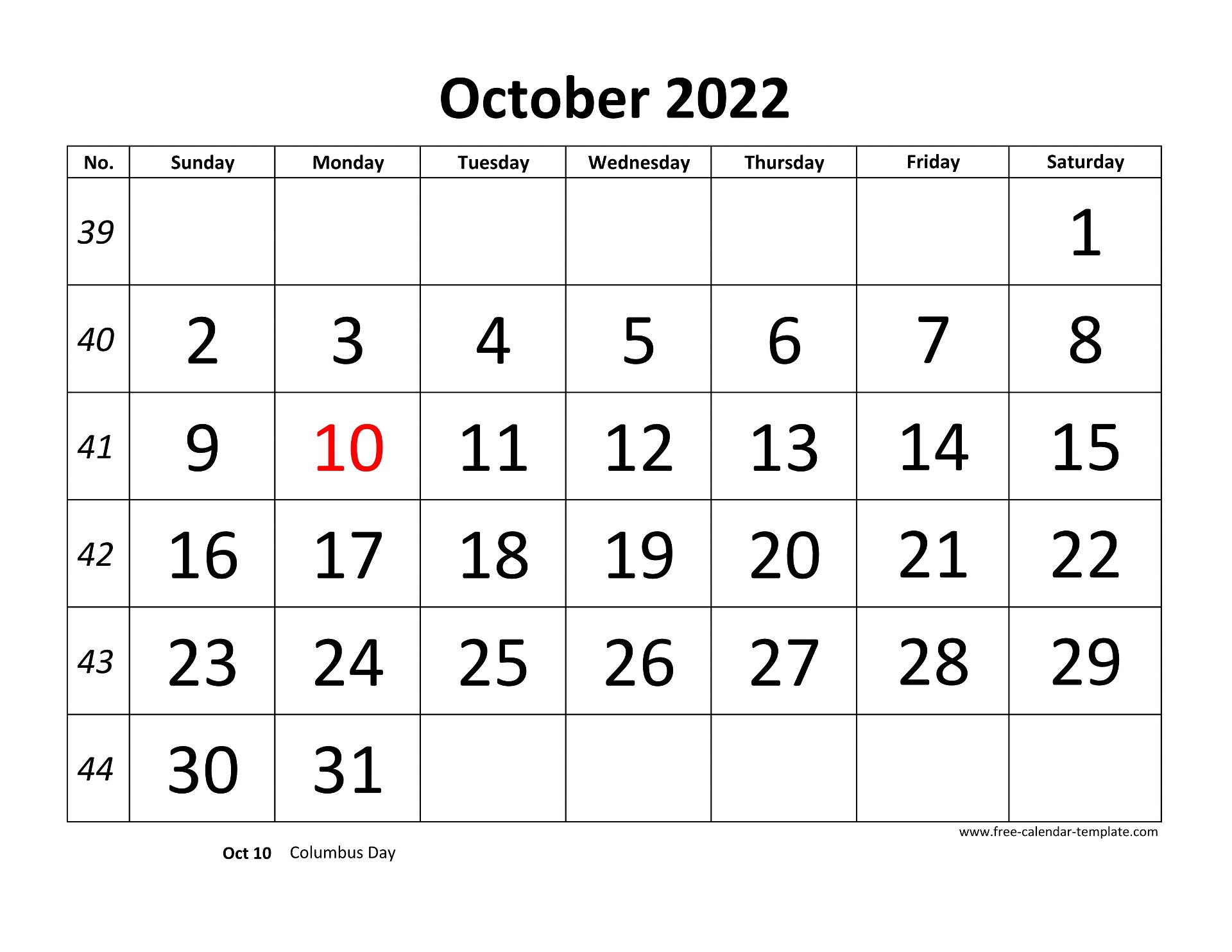 October 2022 Calendar With Holidays Printable Templat