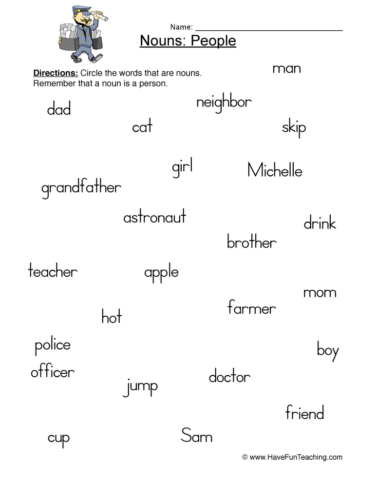 Identifying Nouns Worksheet Printable Word Searches