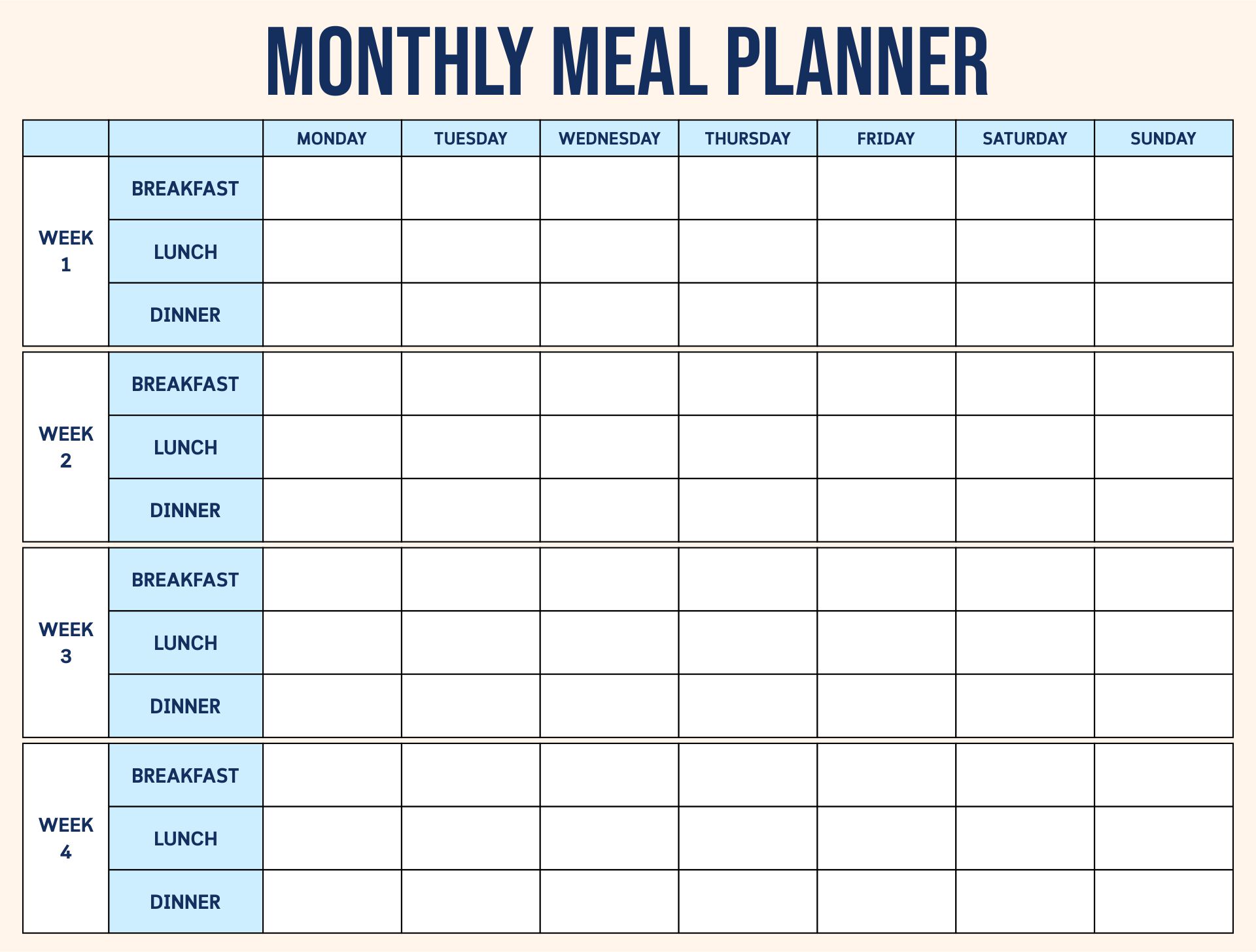 Monthly Meal Planner Template Word