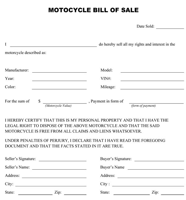 Free Printable Motorcycle Bill Of Sale