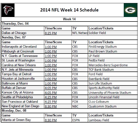 Nfl Week 14 Printable Schedule