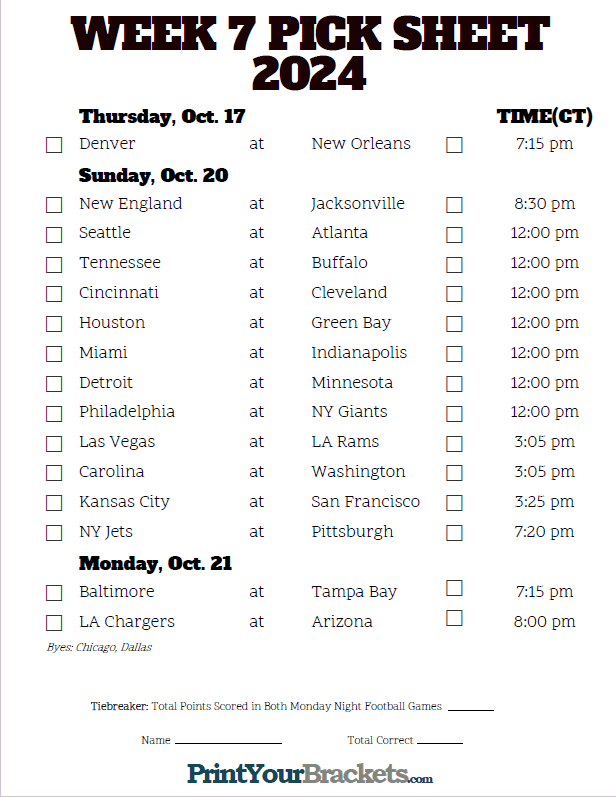 Week 7 Printable Nfl Schedule