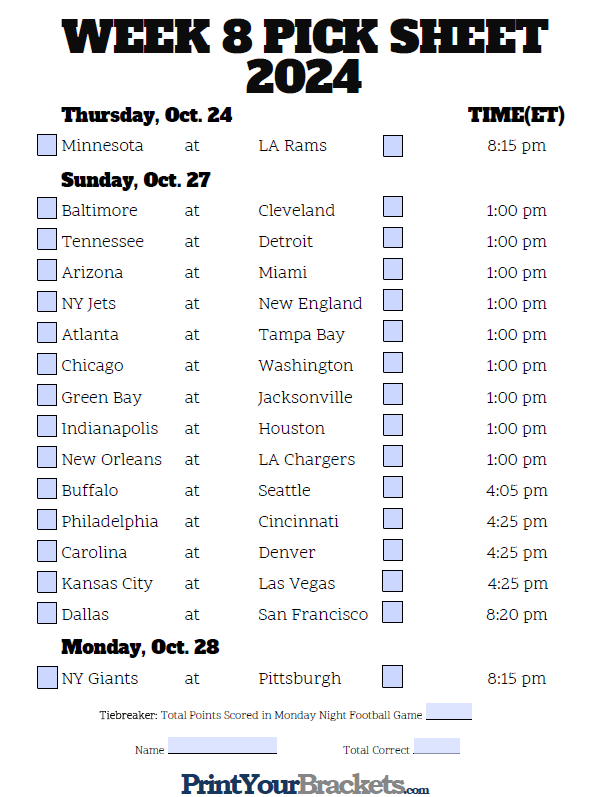 Printable Nfl Picks Printable Calendars At A Glance