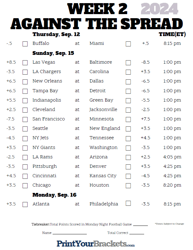 Week 2 Nfl Schedule Printable Printable Word Searches