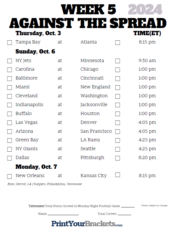 Printable Nfl Schedule Week 5