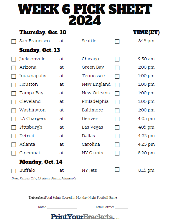 Nfl Week 6 Spreads Printable