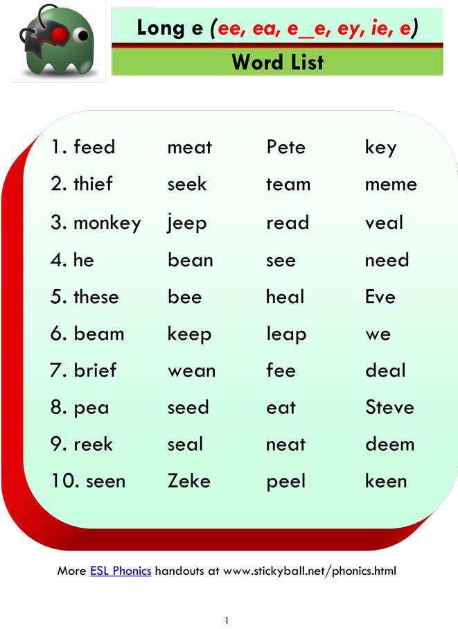 Long E Word List And Sentences