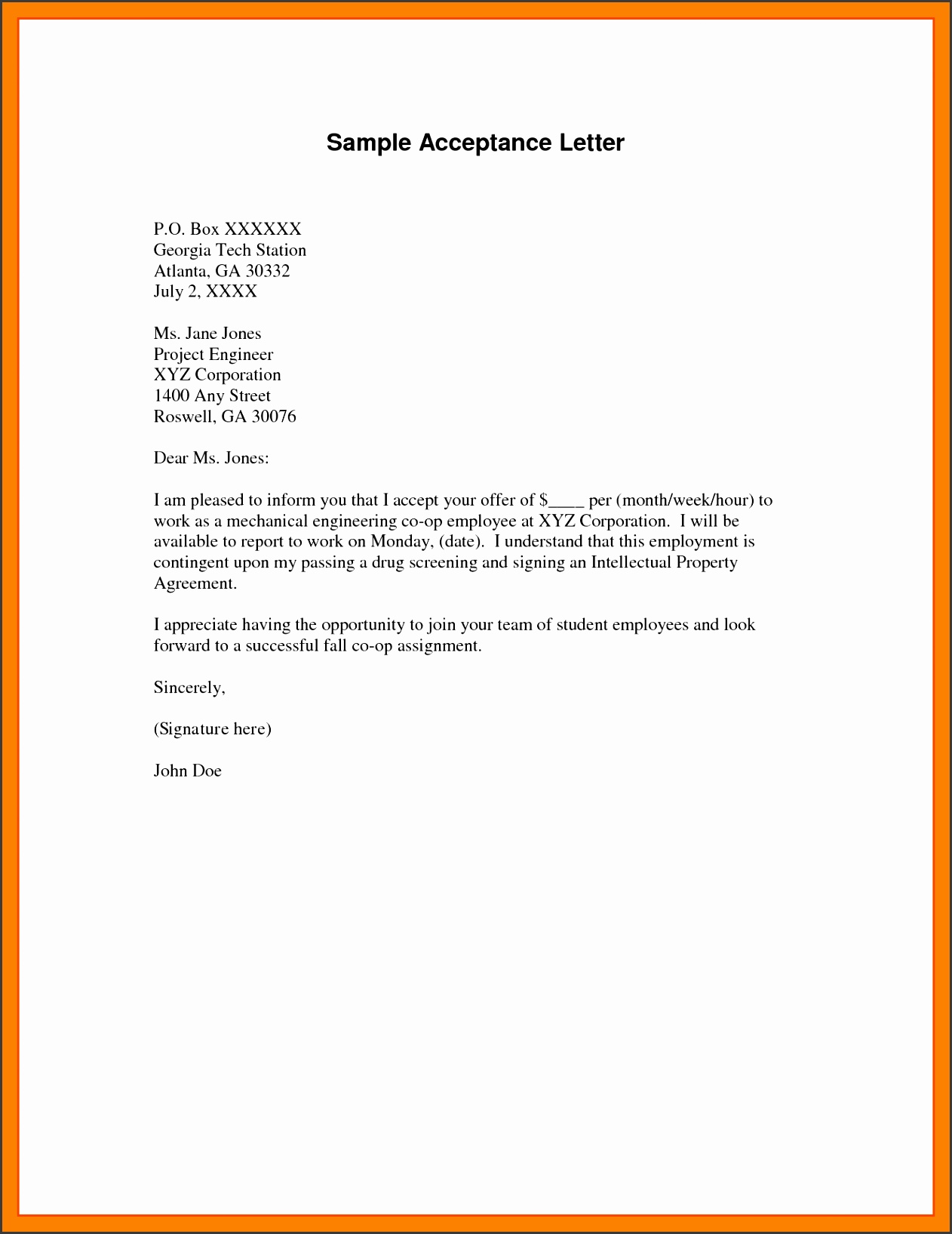 Letter Of Acceptance Sample Printable Pdf Download Porn Sex Picture