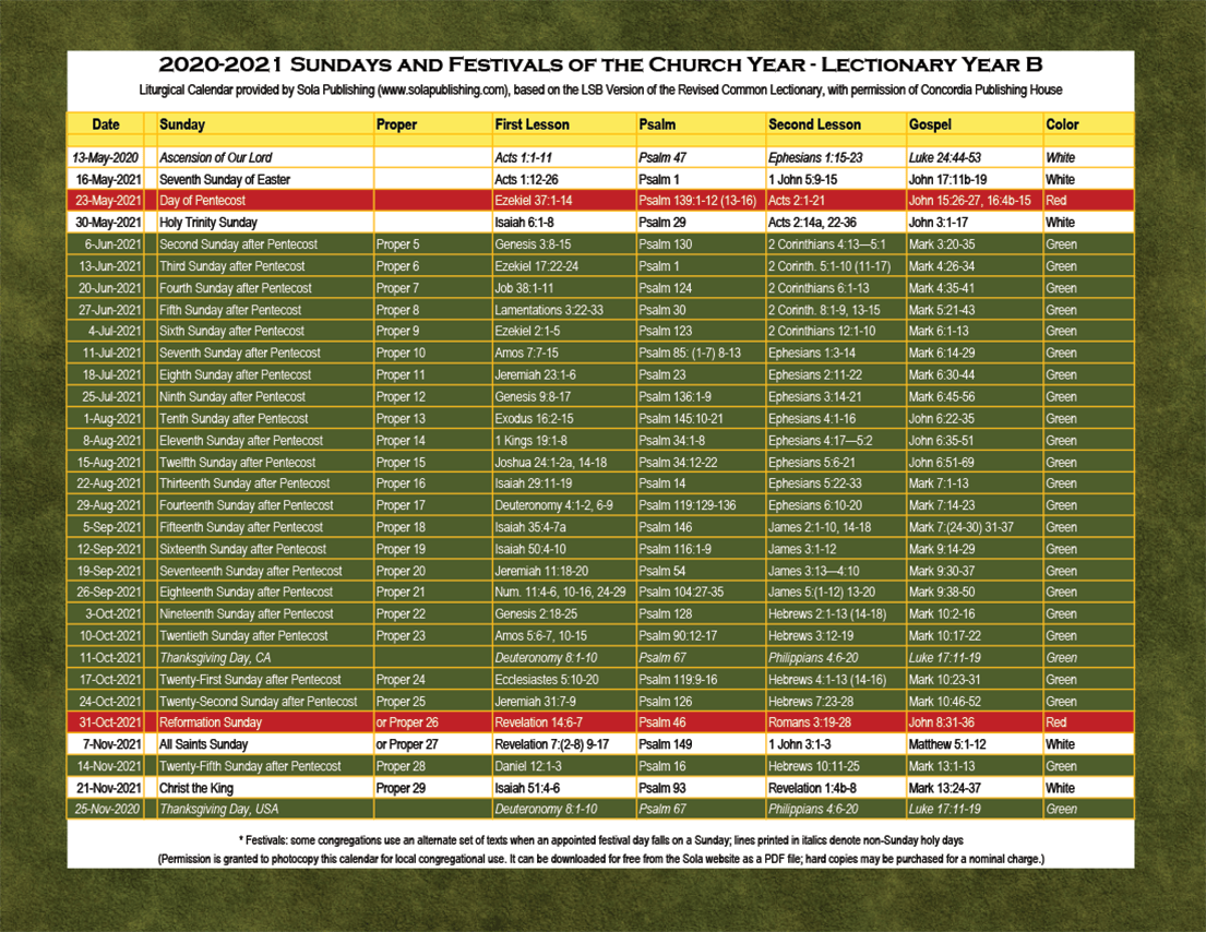 Liturgical Calendar 2021