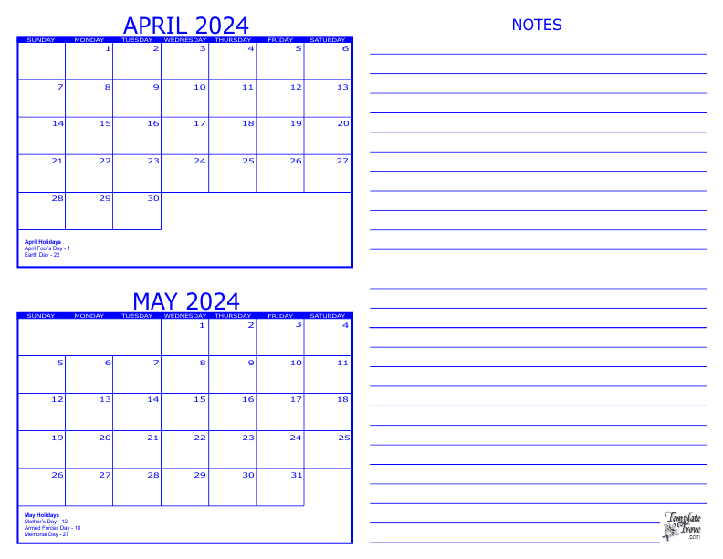 Printable Calendar 2 Months Per Page 2024