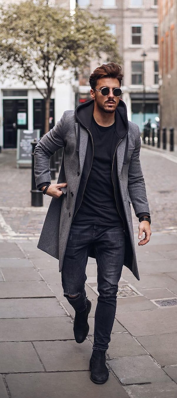 Grey Overcoat Hoodie And Undershirt For Mens Autumn Outfit ⋆ Best