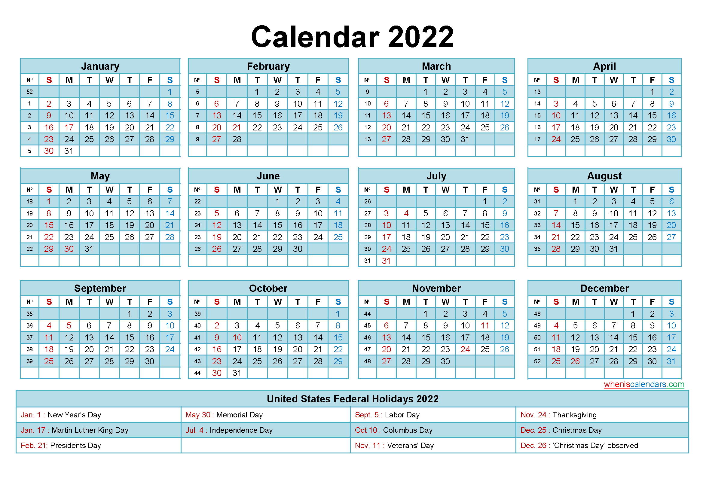 Printable Calendar 2022 With Us Holidays