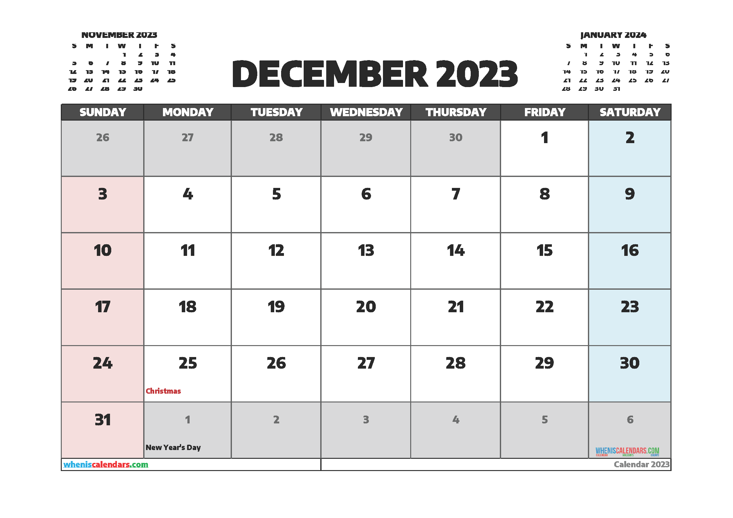December 2023 Calendar Printable Free