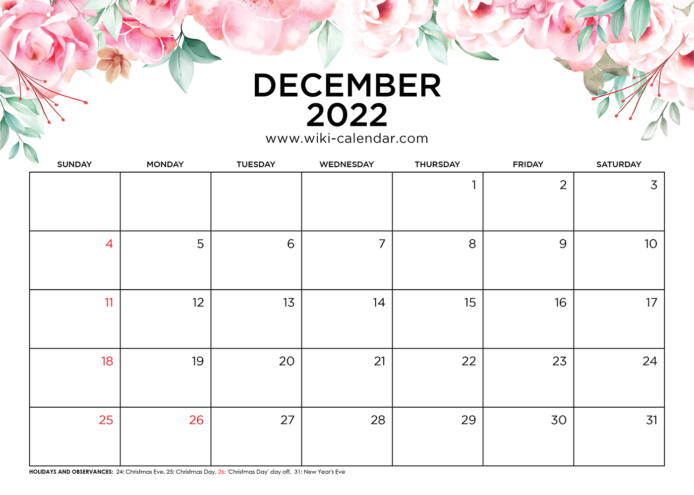 Printable Calendar December 2022