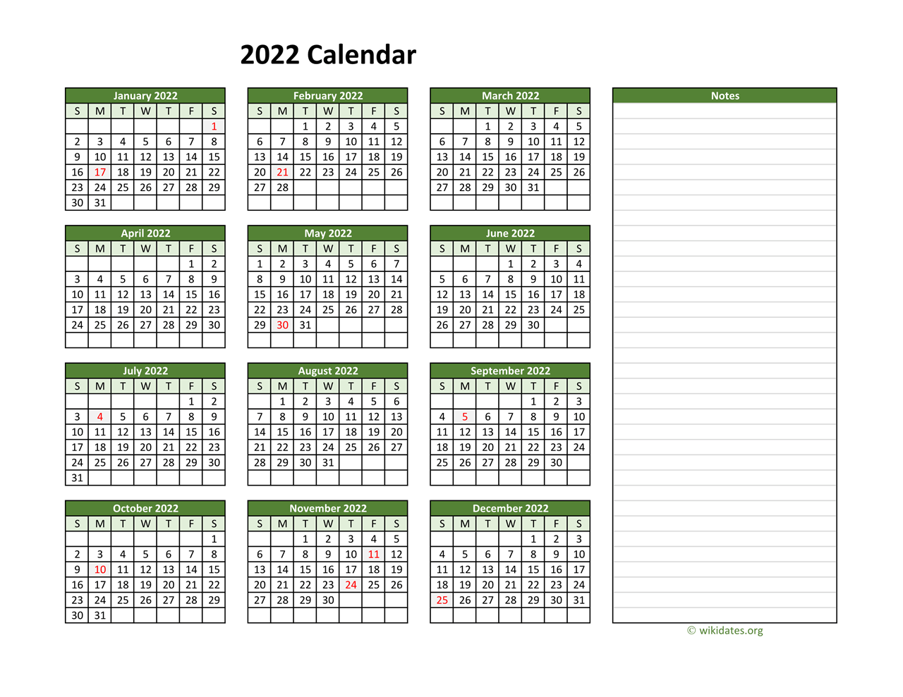 Free Printable Calendar 2022 With Notes Calendar Example And Ideas