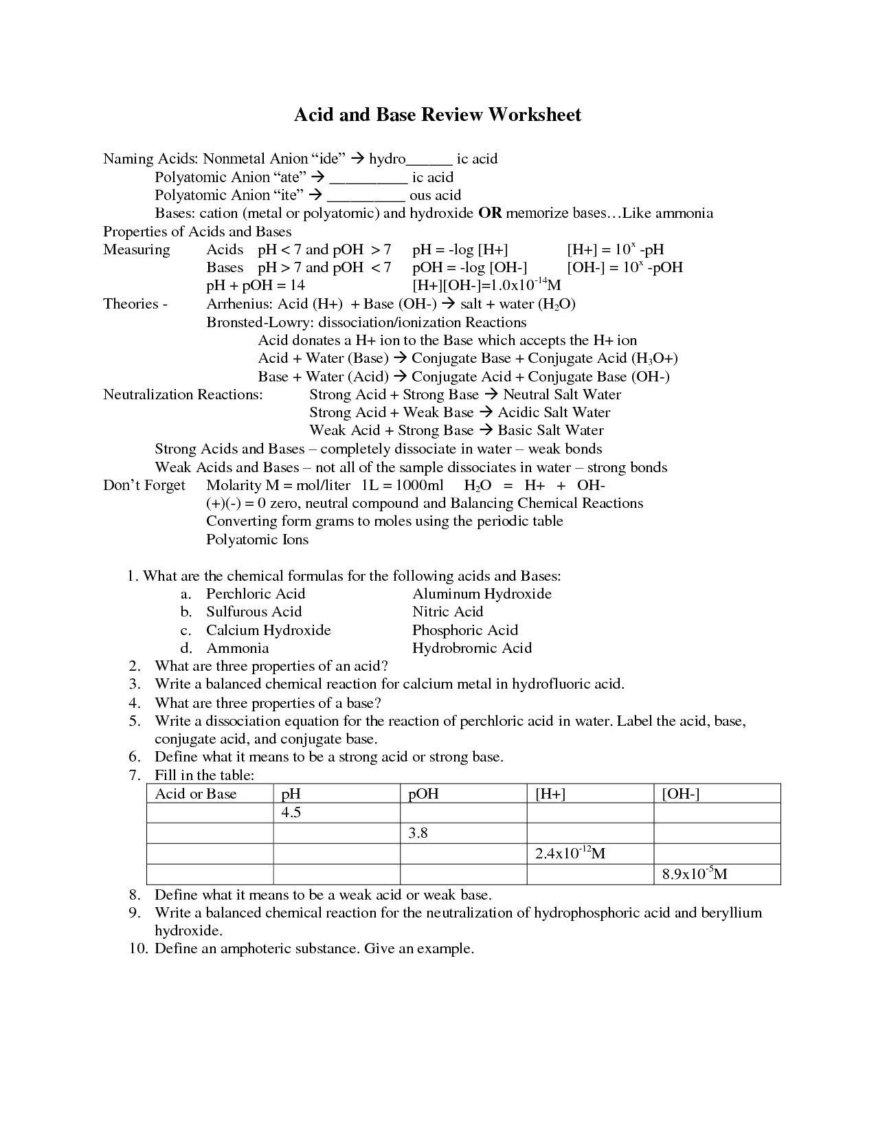 Introduction To Acids And Bases Worksheet Printable Calendars At A Glance