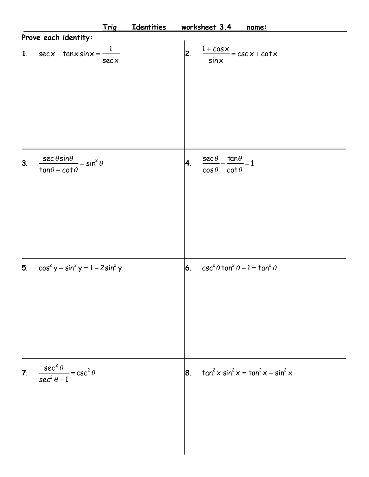 Worksheet The Basic 8 Trig Identities