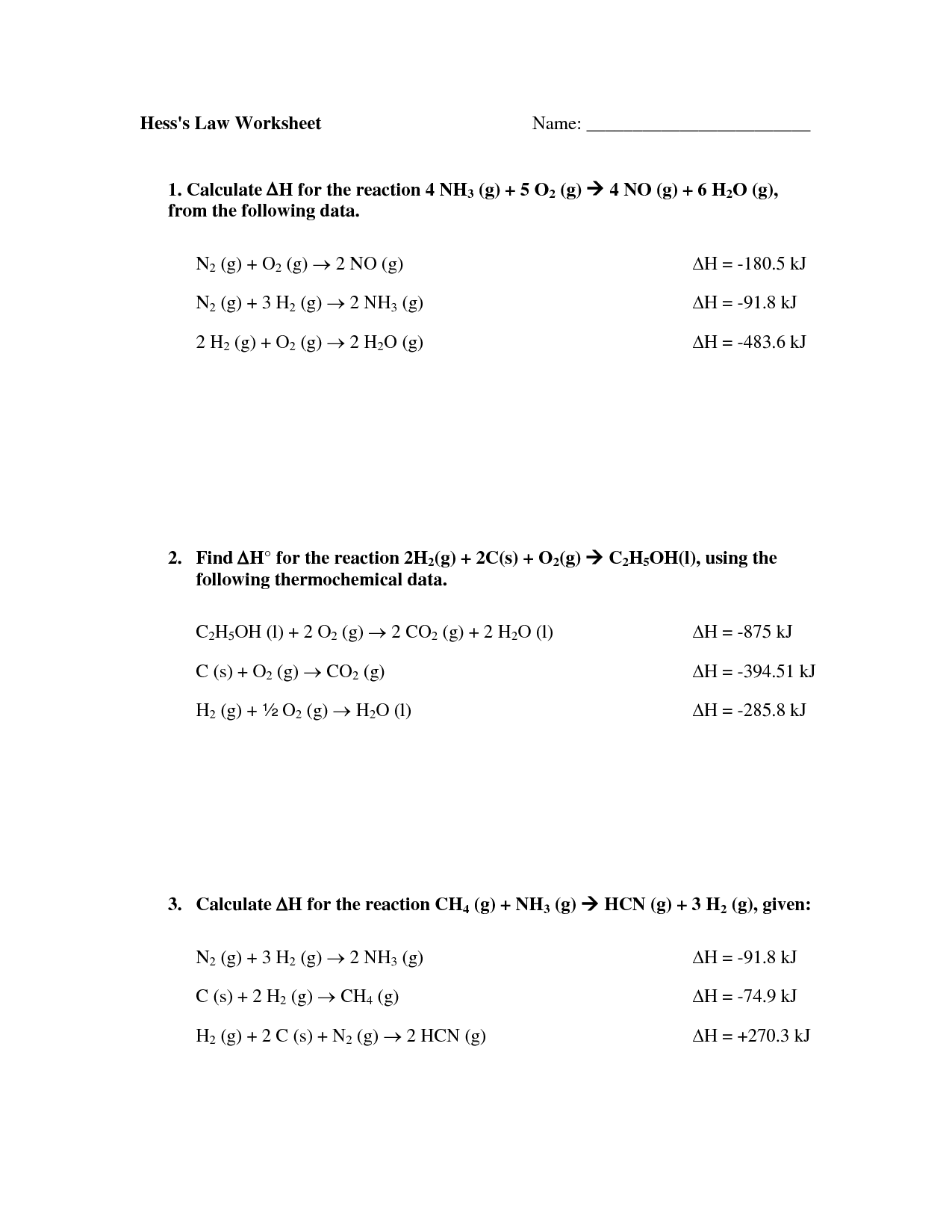 Hess Law Worksheet With Answers