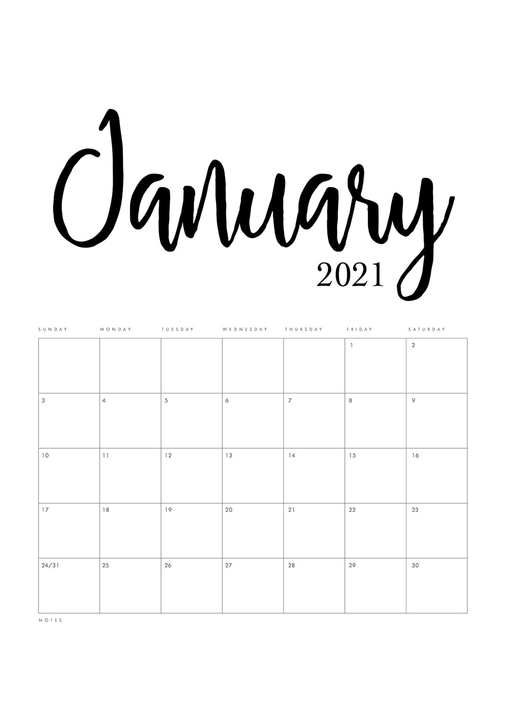 Monthly Calendar 2021 Blank Calendar 5x7 Sunday Saturday Printable Diy