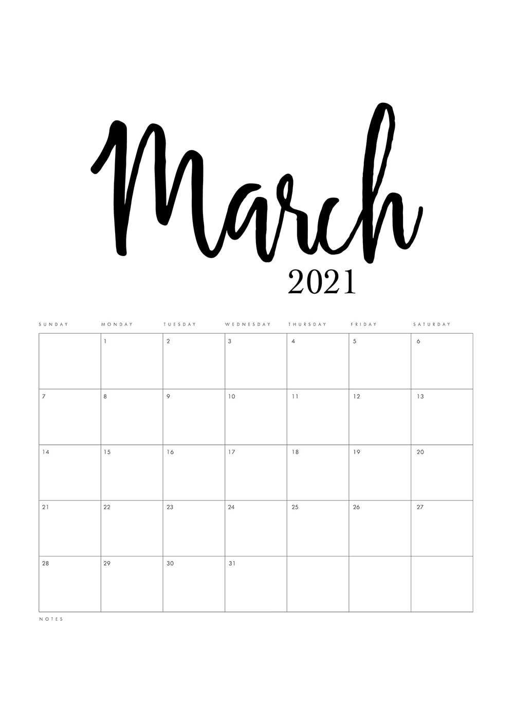 Monthly Calendar 2021 Blank Calendar 5x7 Sunday Saturday Printable Diy