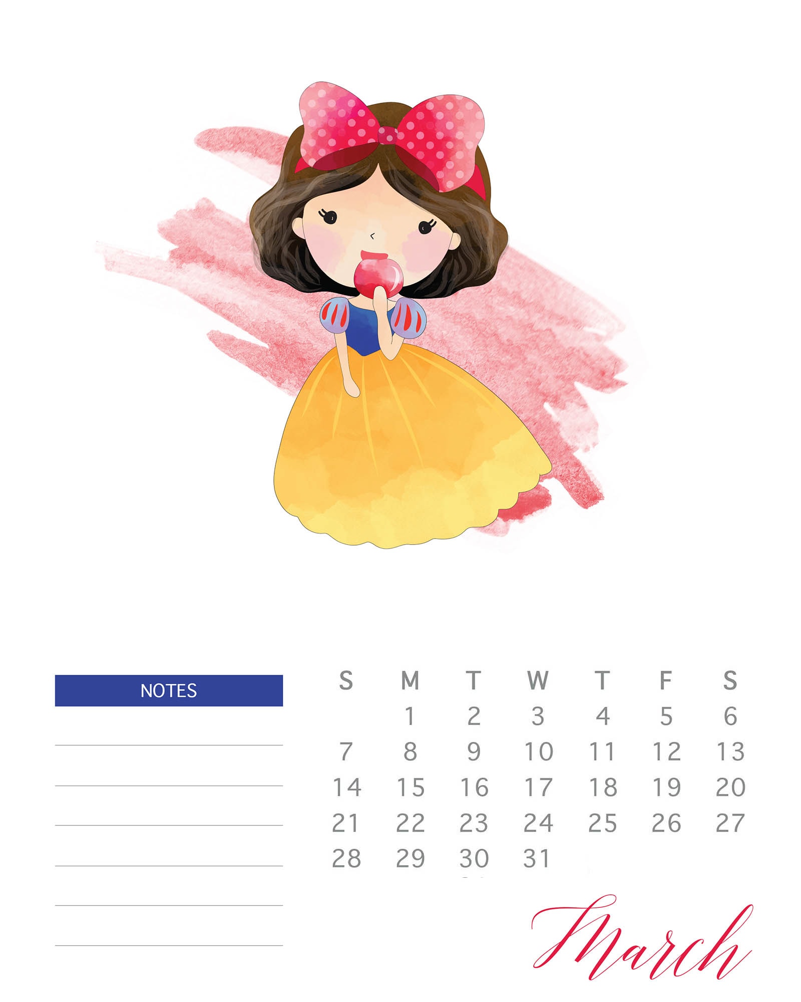 Free Printable 2021 Watercolor Princess Calendar The Cottage Market