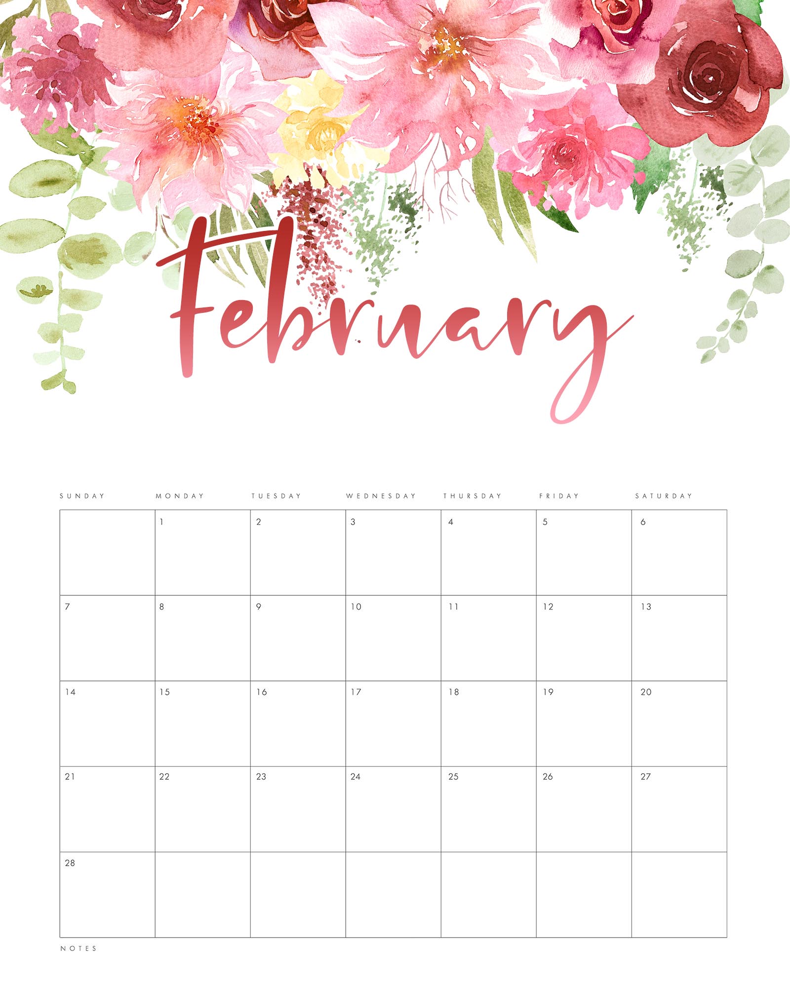 Floral 2021 February Calendar Printable Print A Calendar For February