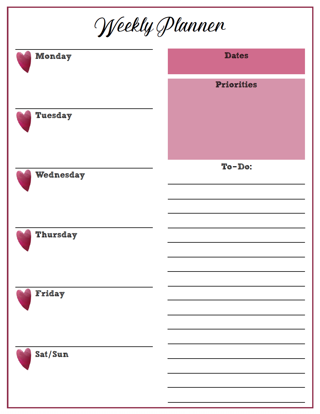 Weekly Planner Printables Printable Word Searches