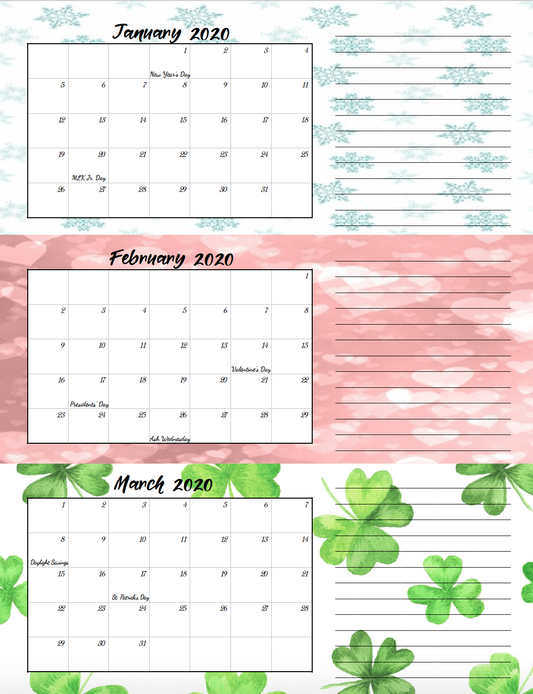 Free Printable 2020 Quarterly Calendars With Holidays 3 Designs