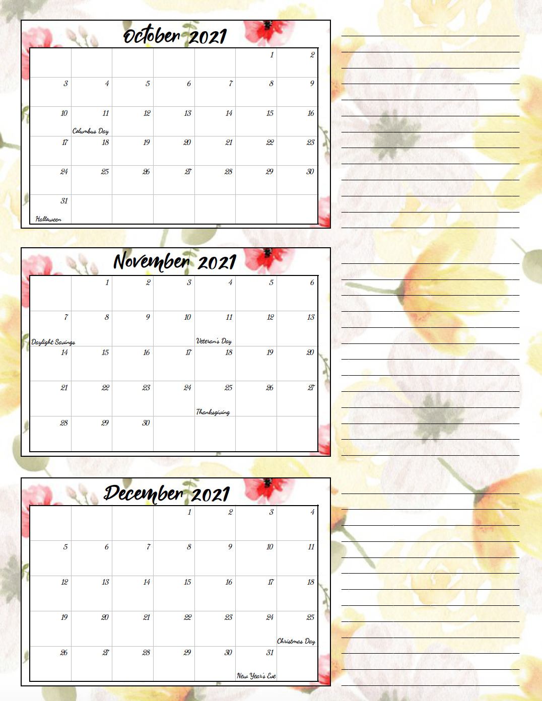 Free Printable 2021 Quarterly Calendars With Holidays 3 Designs