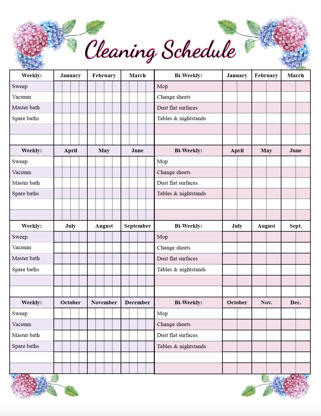 Cleaning Schedule Free Printable