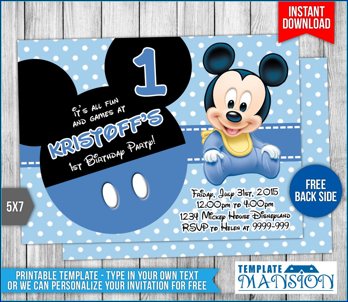 Editable Mickey Mouse 1st Birthday Invitations Template Free