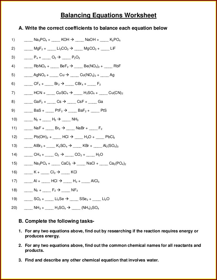Writing Chemical Equations Practice Worksheet