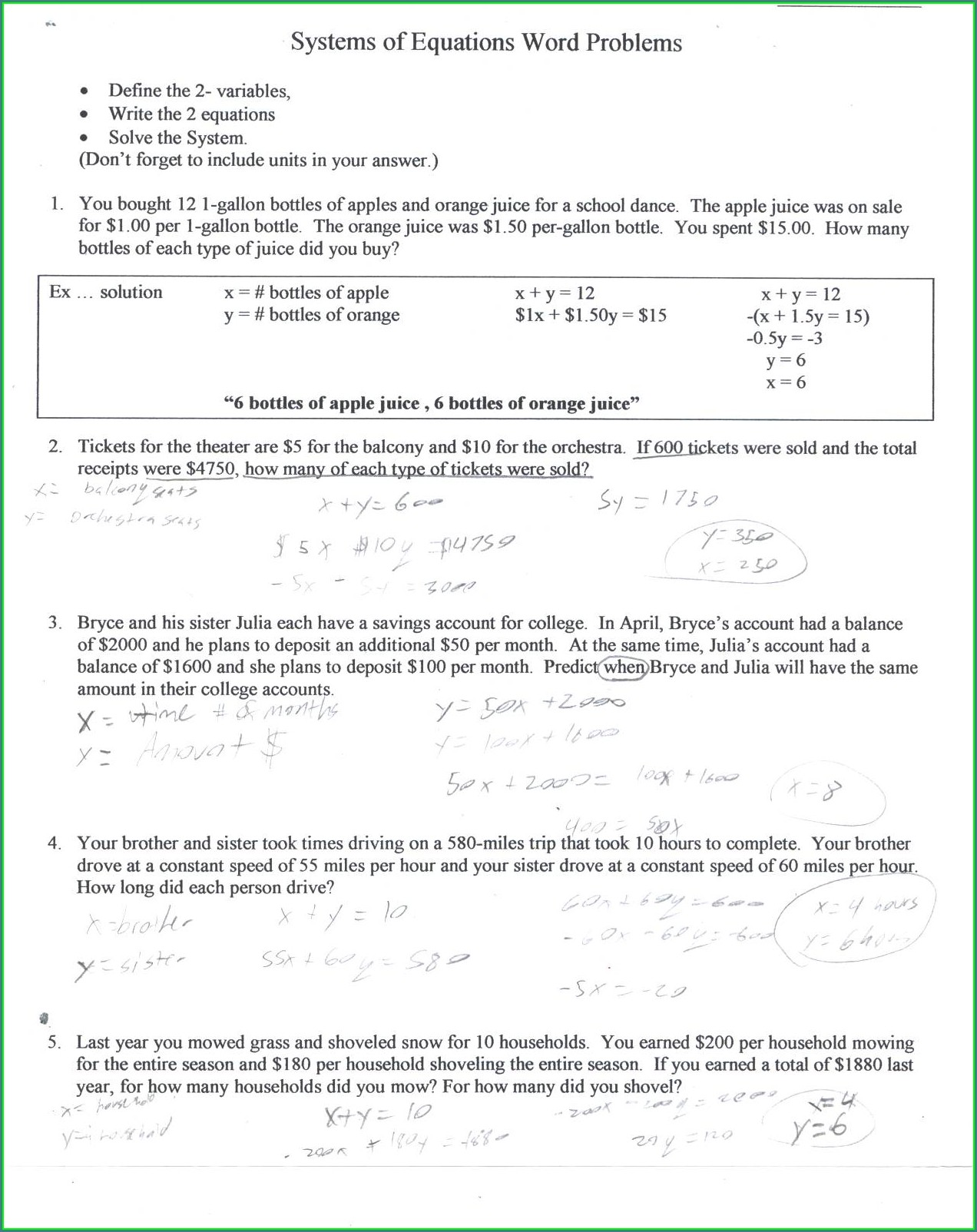 Systems Of Equations Word Problems Worksheet Algebra 1