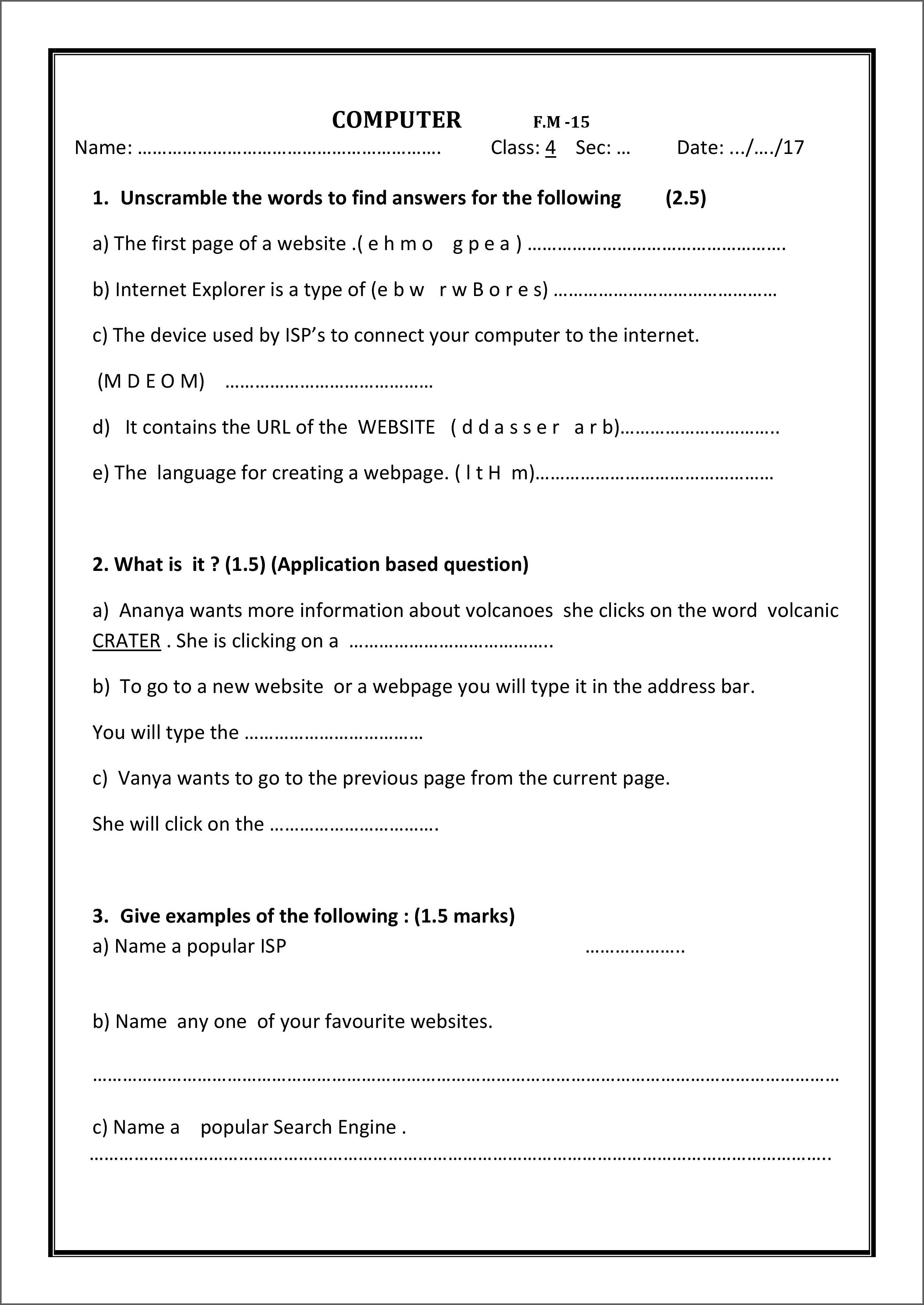 Class 7 Science Worksheet