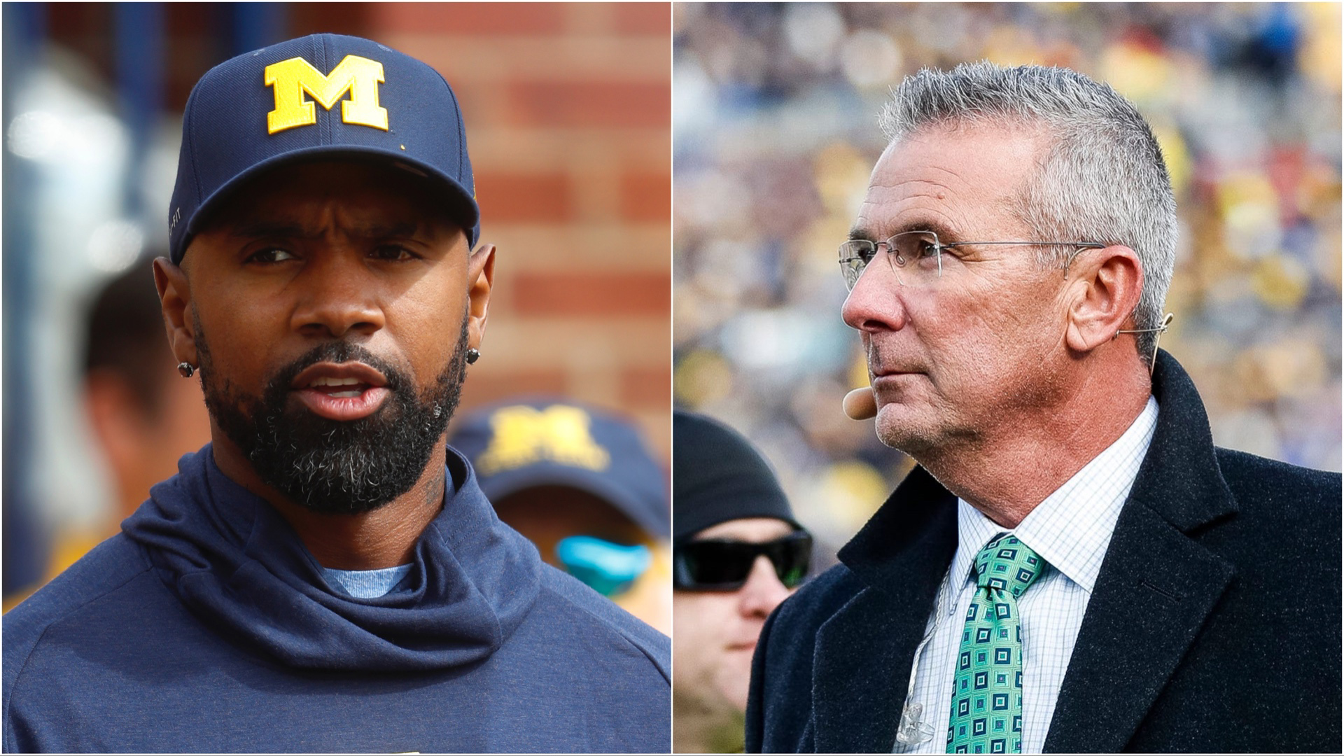 Charles Woodson And Urban Meyer Adjacently Reacting To Game Winning Int