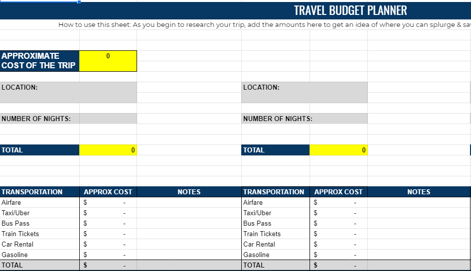 Travel Planning Spreadsheet Template Hq Printable Doc