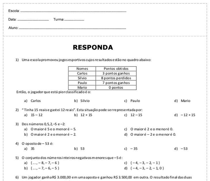 Exercicios Matematica 7 Ano Com Gabarito Matematica Q