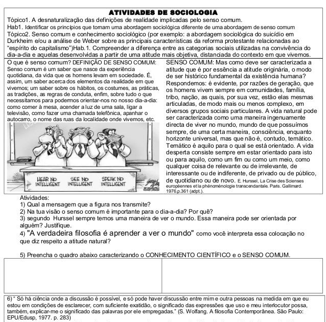 Atividade Sociologia 1 Ano Educa