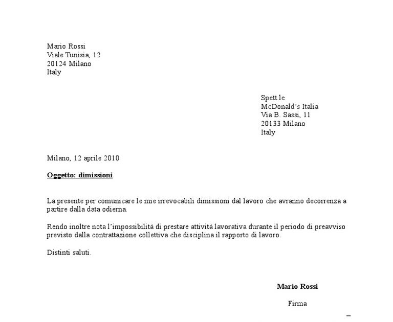 Fac Simile Lettera Di Preavviso Di Licenziamento Esempio Di Lettera