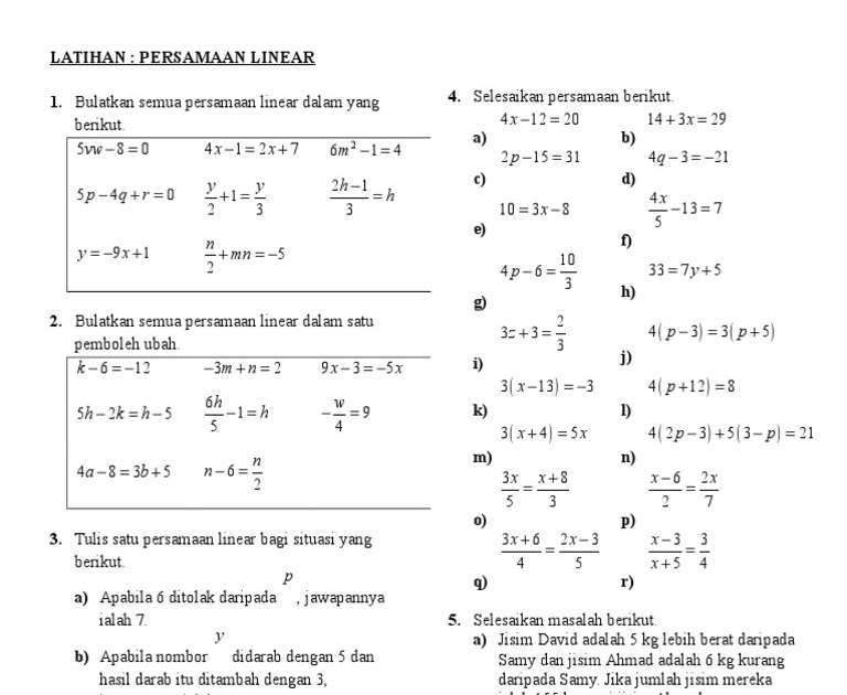 Persamaan Linear Tingkatan 1