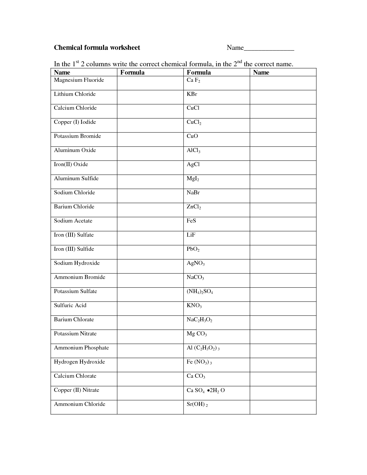 Chemical Formula Writing Worksheet