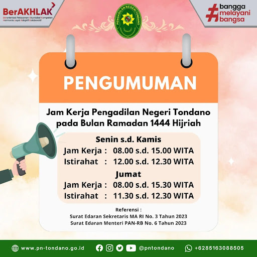 Jam Pelayanan Selama Bulan Ramadan 1444 H Pengadilan Negeri Tondano