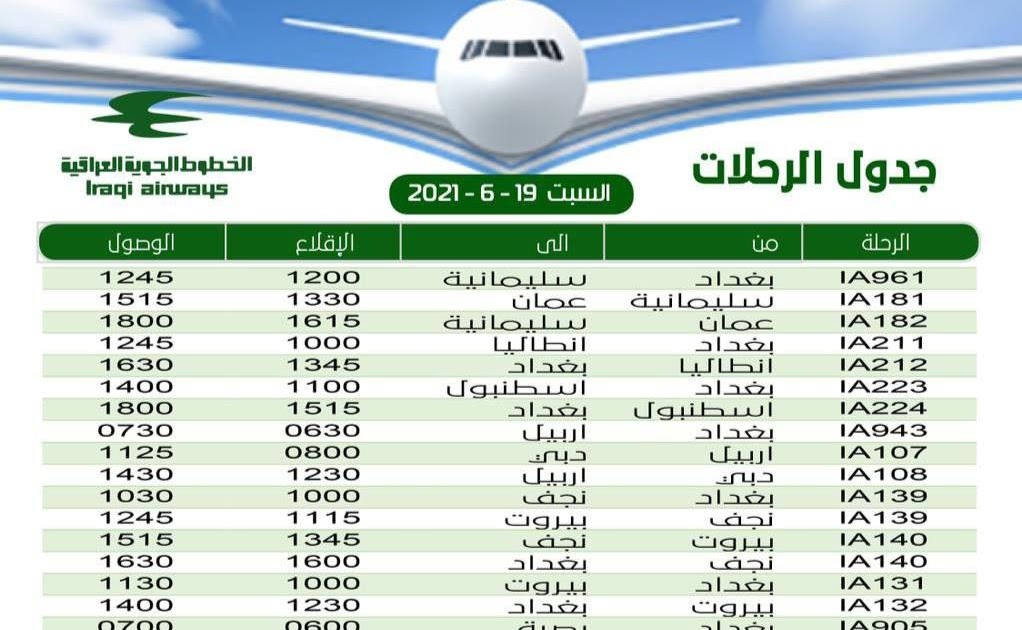 جدول رحلات شركة الخطوط الجوية العراقية ليوم السبت الموافق 2021619